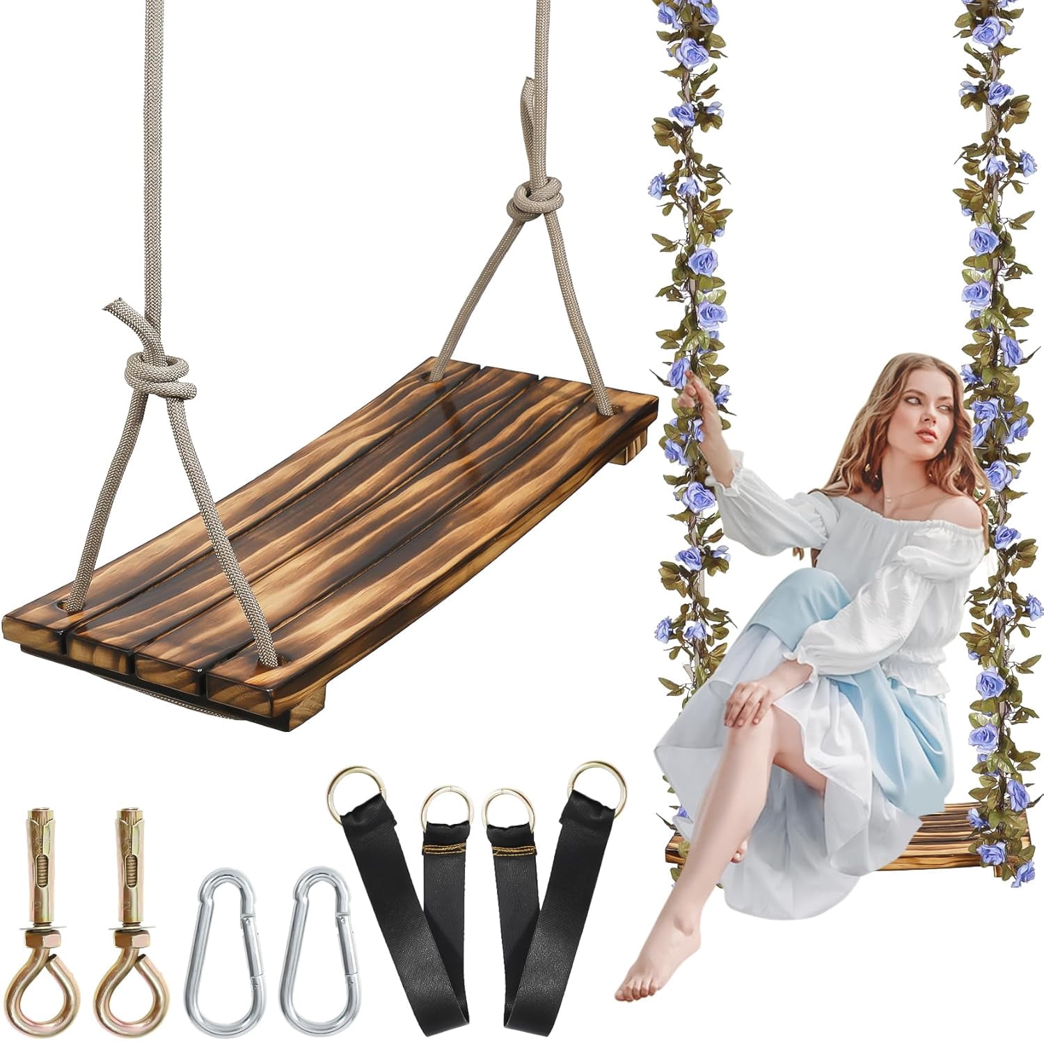 2026 Upgraded Large Wooden Swing Seat, 24"x 8", Hanging Tree Swing for ...