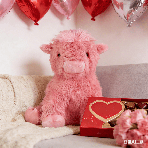 2026 Valentine's Day Pink Highland Cow Stuffed Animals,Strawberry Pink ...