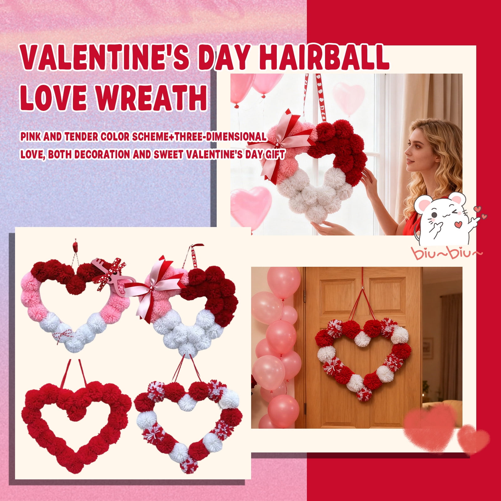 2026 Valentine's Day - Valentine'S Day Pom-Pom Wreath Plush Heart ...