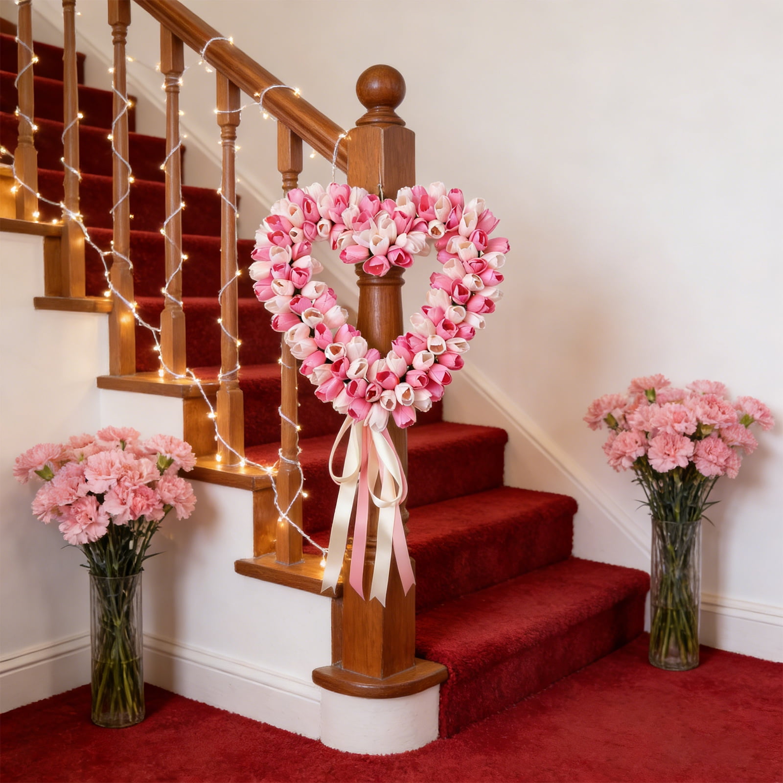 2026 Valentine’s Heart Tulip Wreath – Pink White Red Floral Garland ...