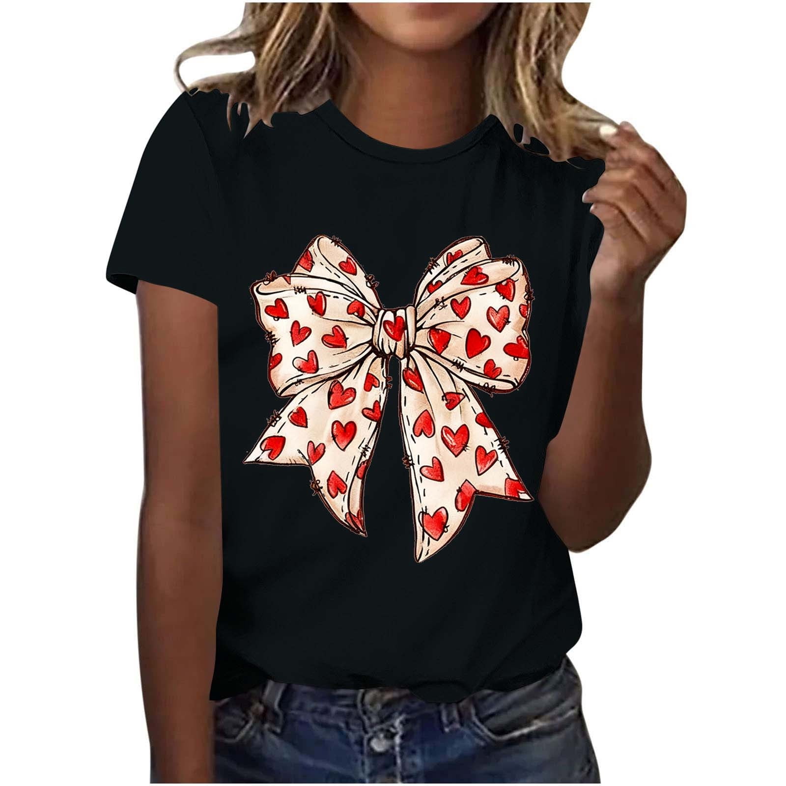 2026 Valentines Bow Heart Printed Women's Round Neck Short Sleeved T ...