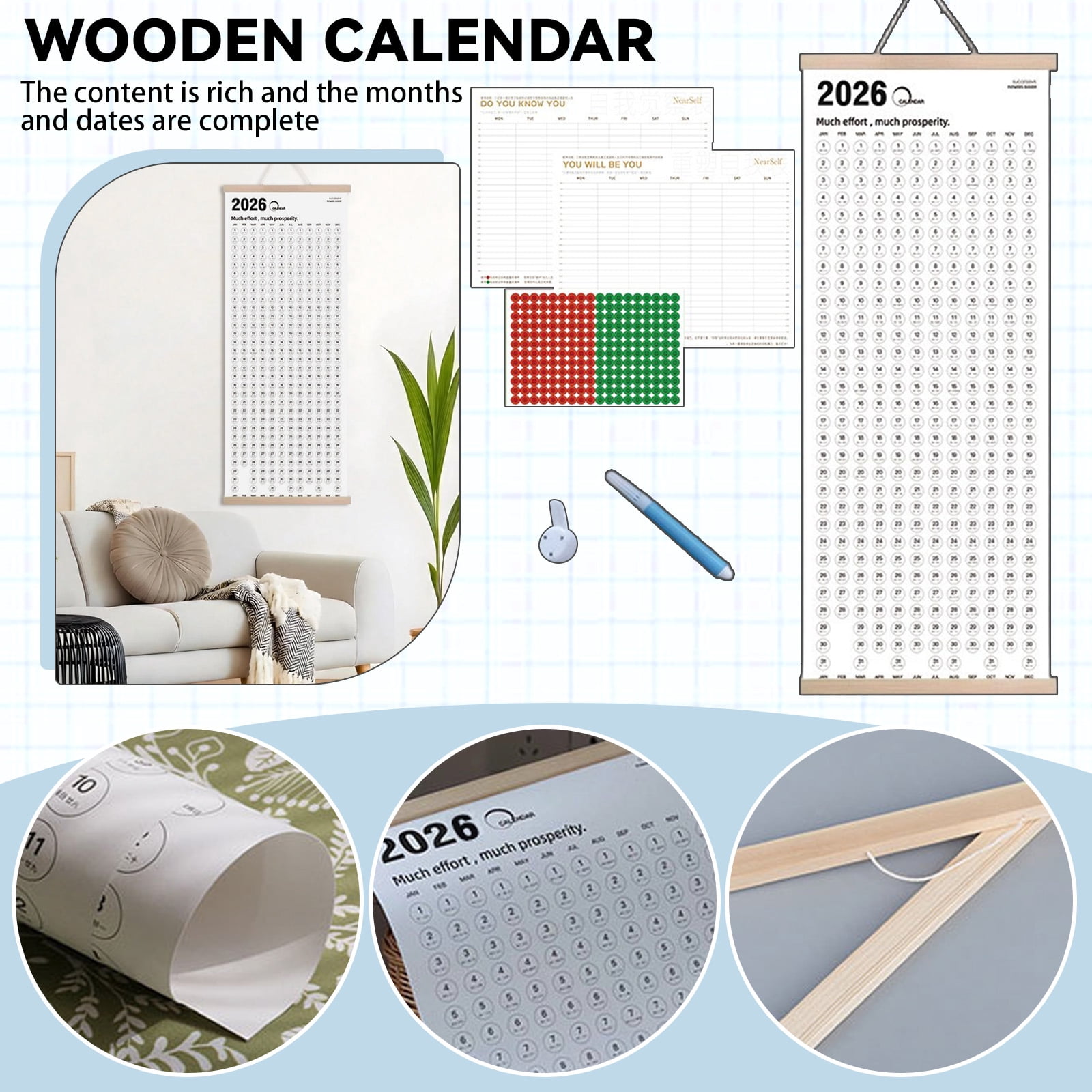 2026 Wall Calendar Yearly Planner with Wooden Hanger Dry Erase Pen ...