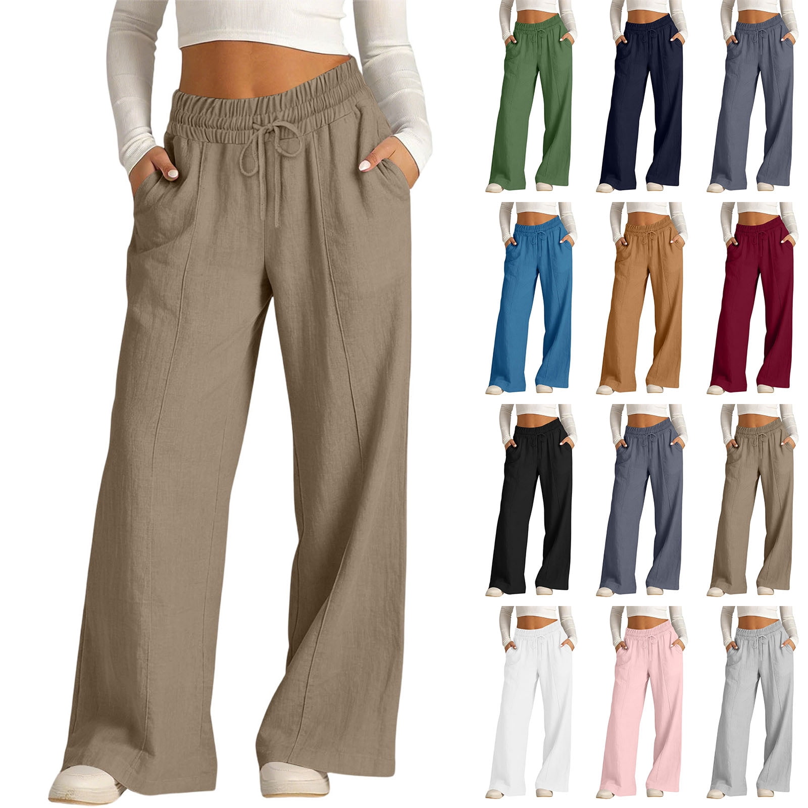 2026 Wide Leg Linen Pants Woman High Waisted Drawstring Summer Casual ...