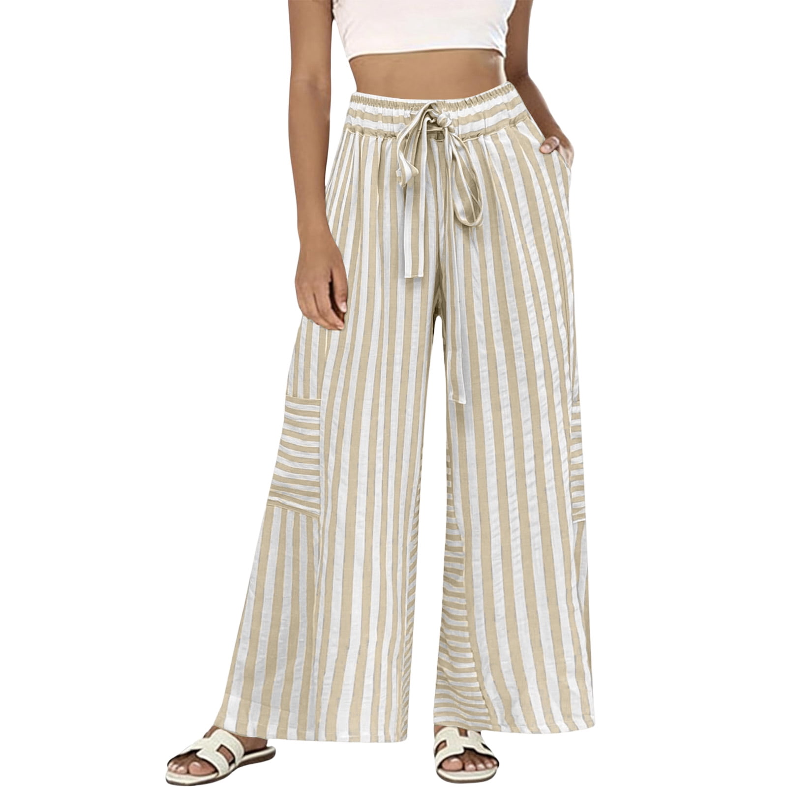 2026 Women Casual Drawstring Elastic Waist Loose Wide Leg Striped Pants ...