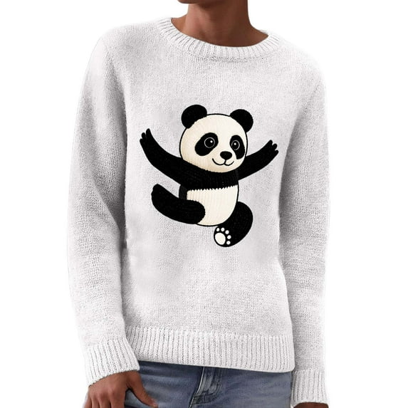 2026 Women Fashion Sweater Cute Panda Graphic Long Sleeve Crew Neck ...