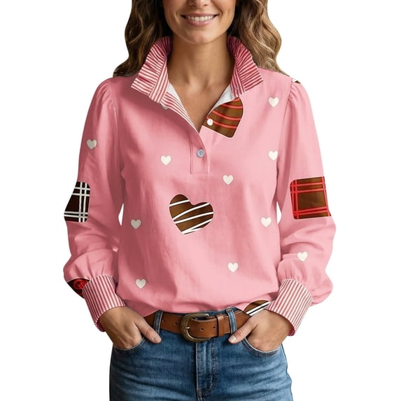 2026 Women Heart Print Shirts Long Sleeve Lapel Half Button Work ...