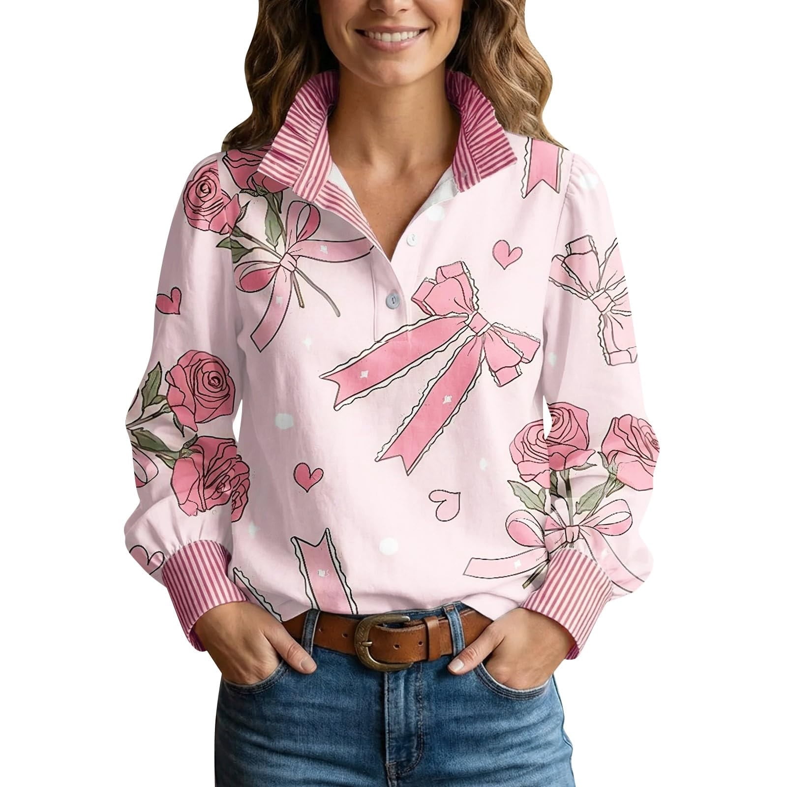 2026 Women Heart Print Shirts Long Sleeve Lapel Half Button Work ...