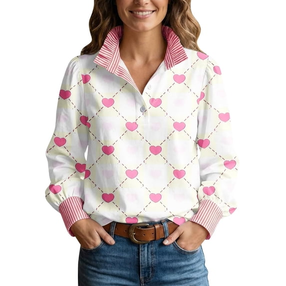 2026 Women Heart Print Shirts Long Sleeve Lapel Half Button Work ...