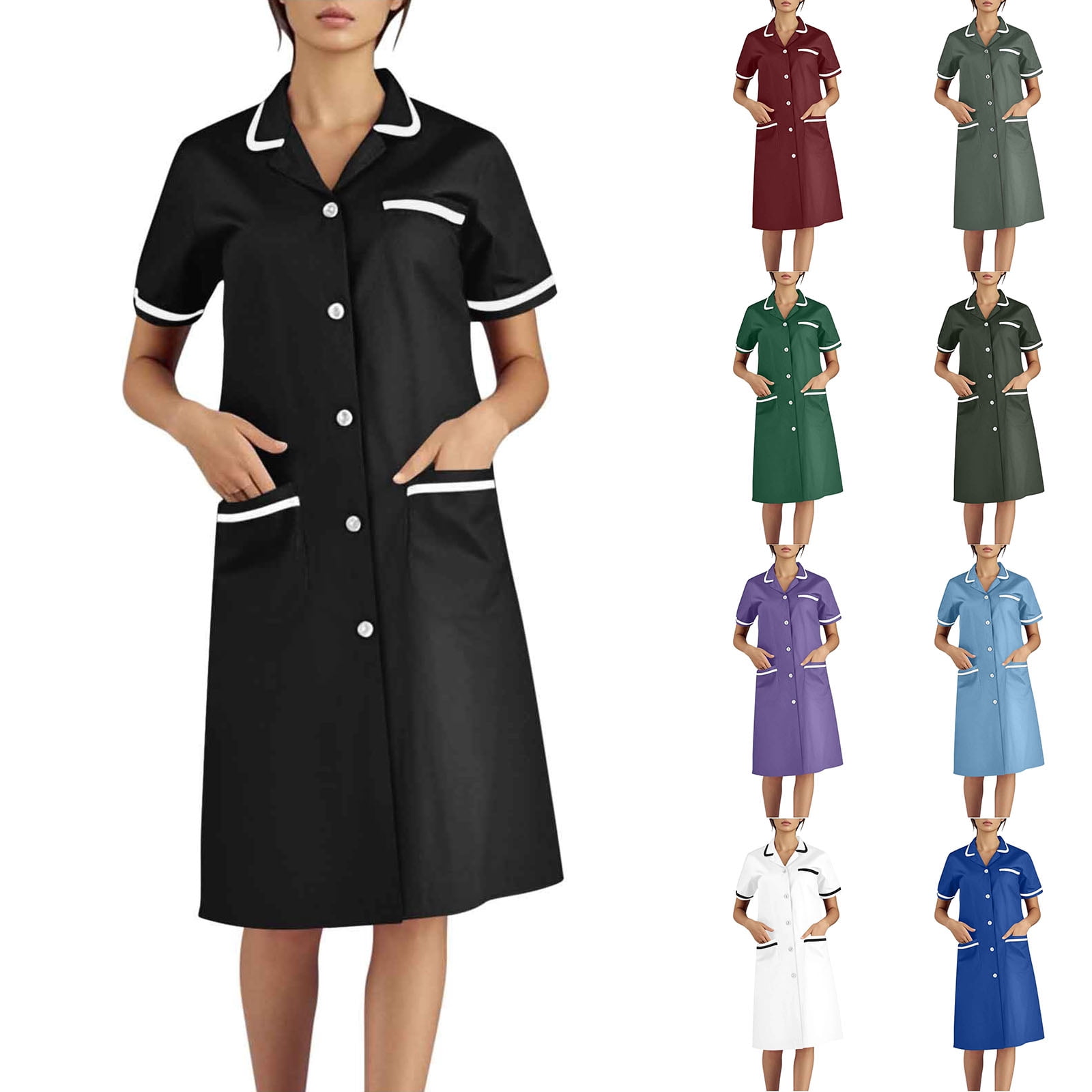 2026 Women Housekeeping Maid Uniform Dress Button Down Scrub Dresses ...