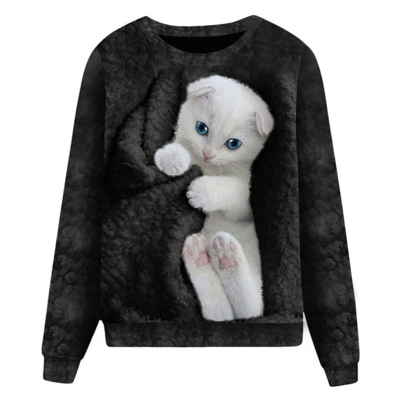 2026 Women Sweatshirts Cute Cartoon Animal Cat Print Long Sleeve Crew ...