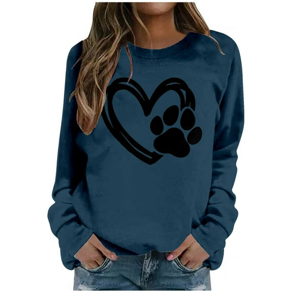 2026 Women Sweatshirts Dog Paw Heart Animal Print Long Sleeve Crew Neck ...