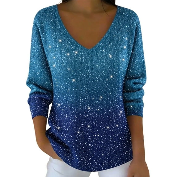 2026 Women Sweatshirts Sequin Print Long Sleeve V Neck Drop Shoulder ...