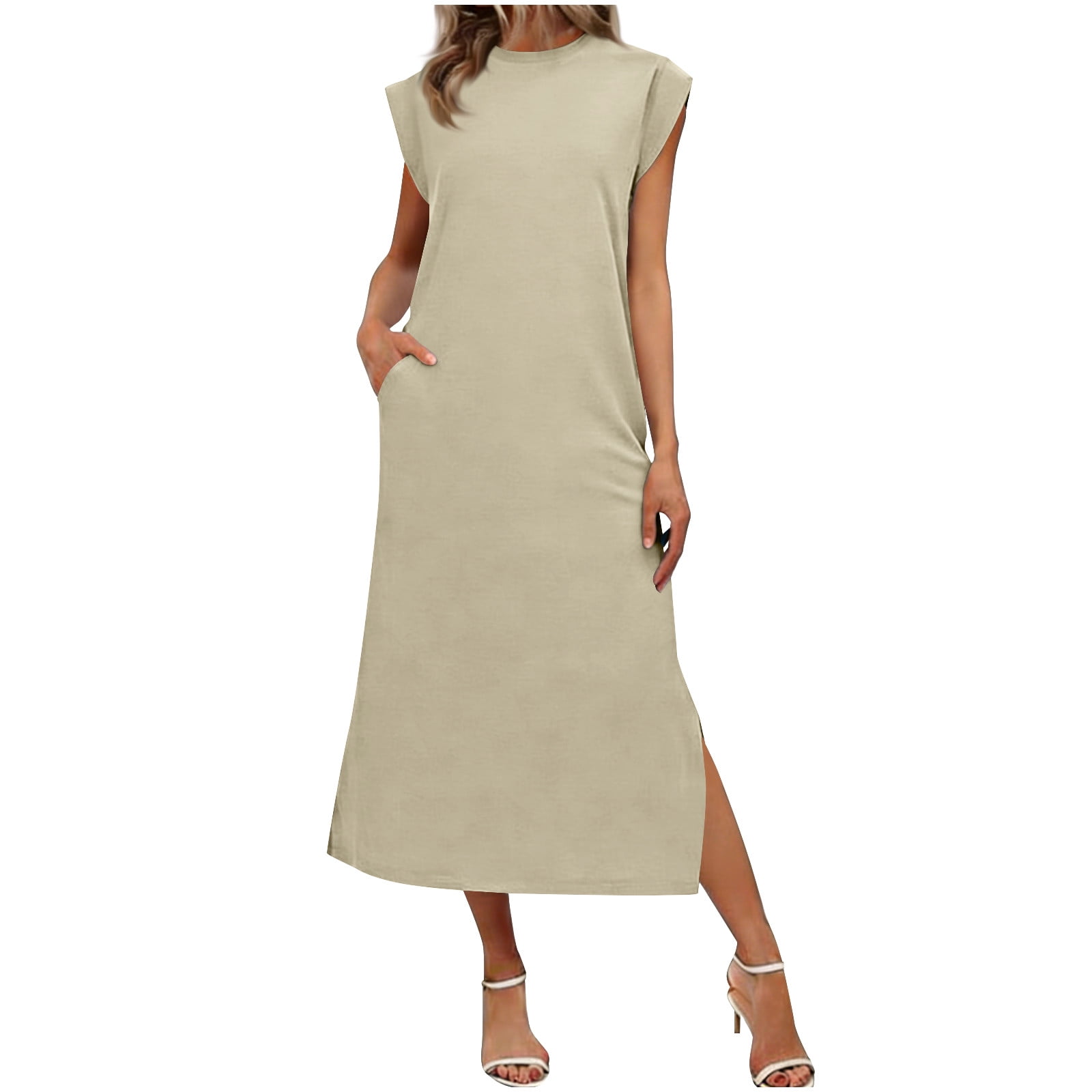 2026 Women Year-Round Casual Round Neck Loose Split Wrinkle-Free Long ...