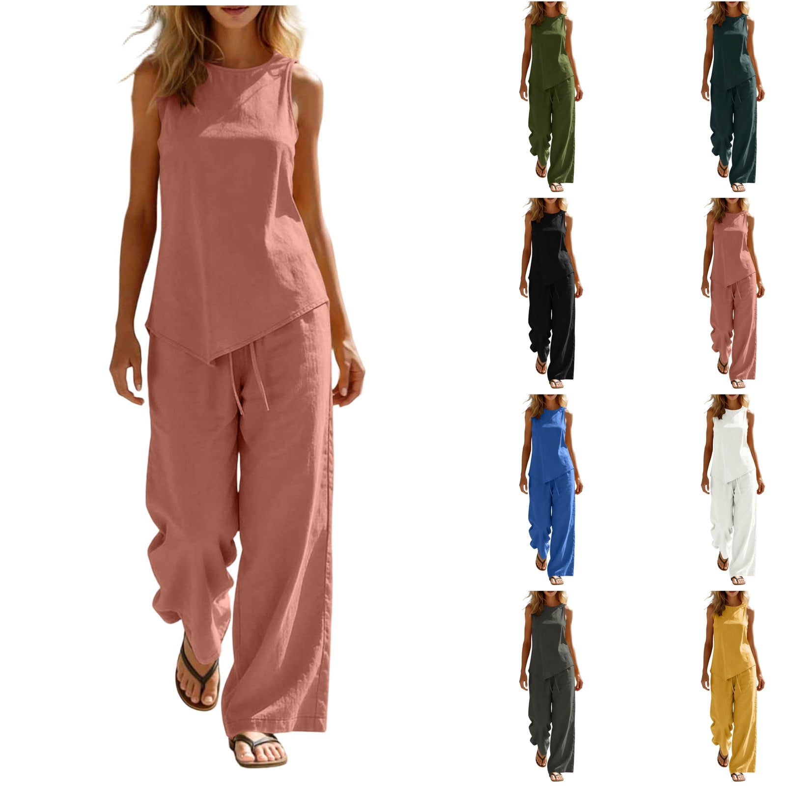 2026 Women's 2 Piece Linen Outfits Sleeveless Asymmetrical Hem Top and ...