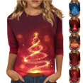 2026 Women's 3/4 Sleeve Round Neck Top, Christmas Tree Print Loose ...