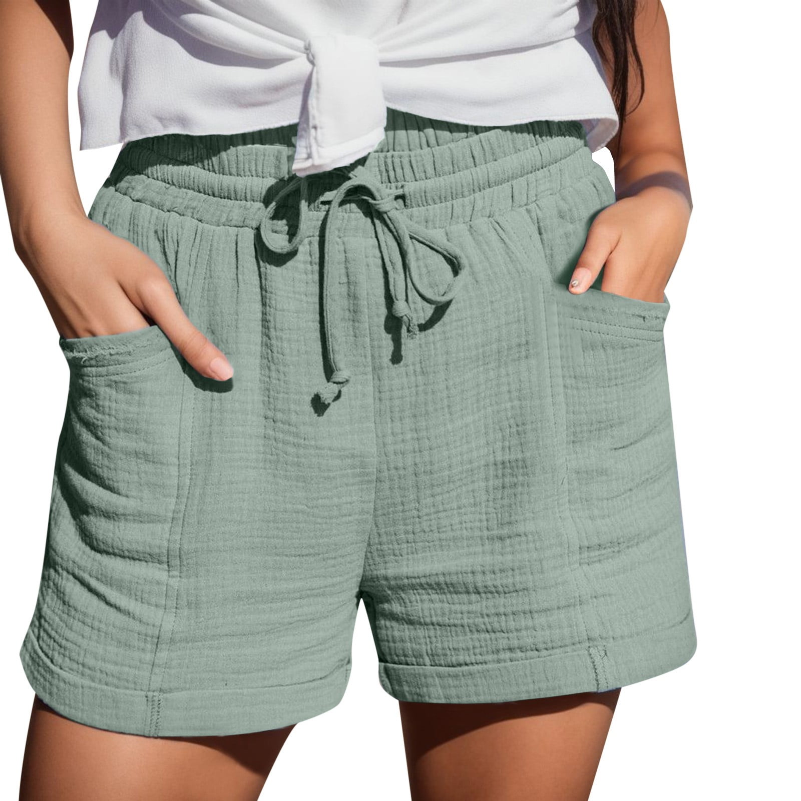 2026 Women's Casual Shorts, Solid Color Elastic Waist, Linen Blend ...