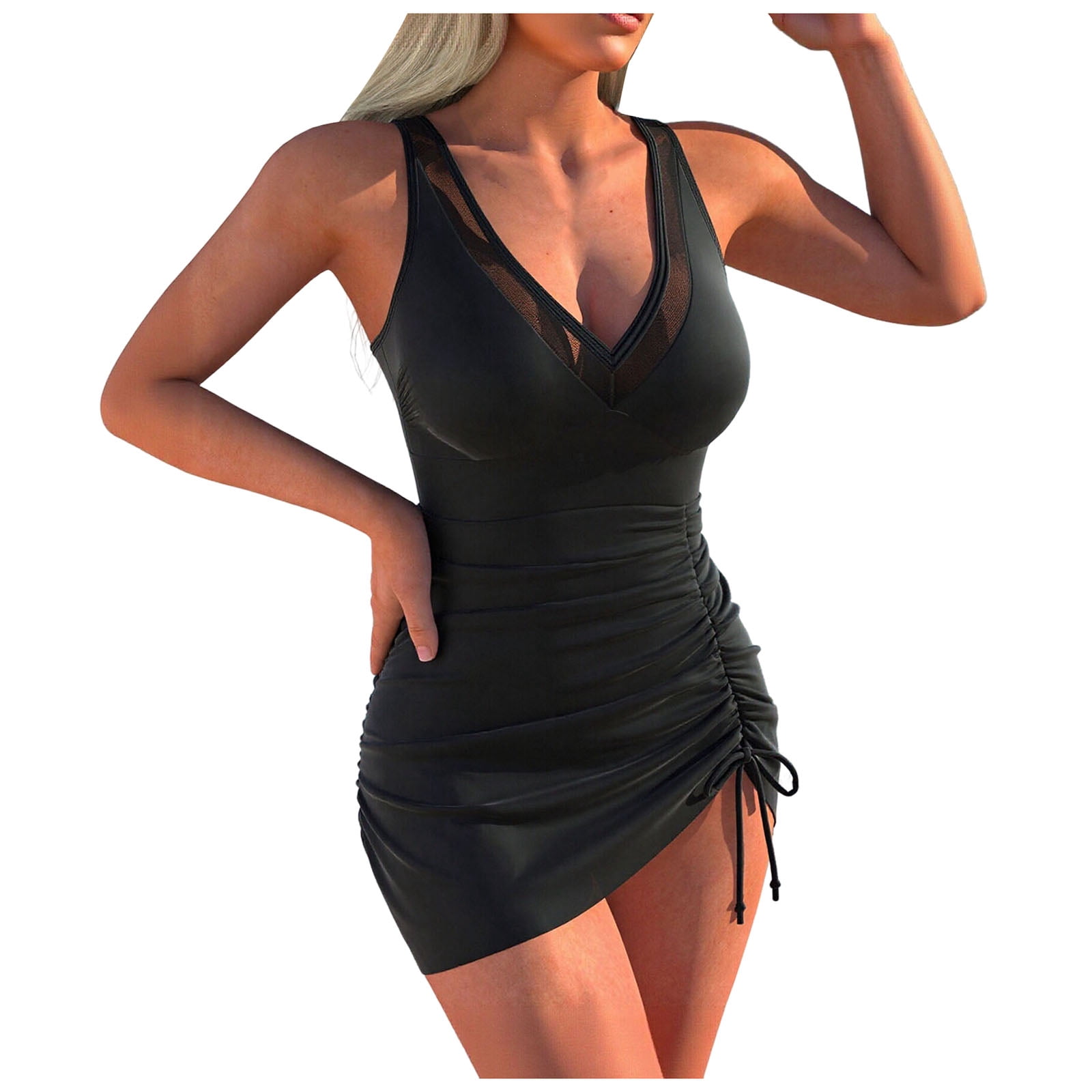 2026 Women's Color Sexy V Neck Mesh Splicing Skirt Integrated Swimsuit ...
