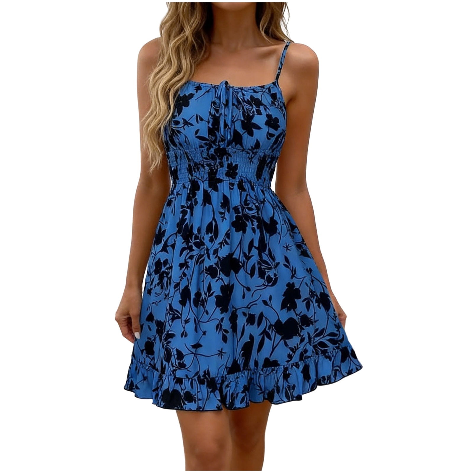 2026 Women's Fit and Flare Mini Dress Adjustable Spaghetti Strap Tie ...