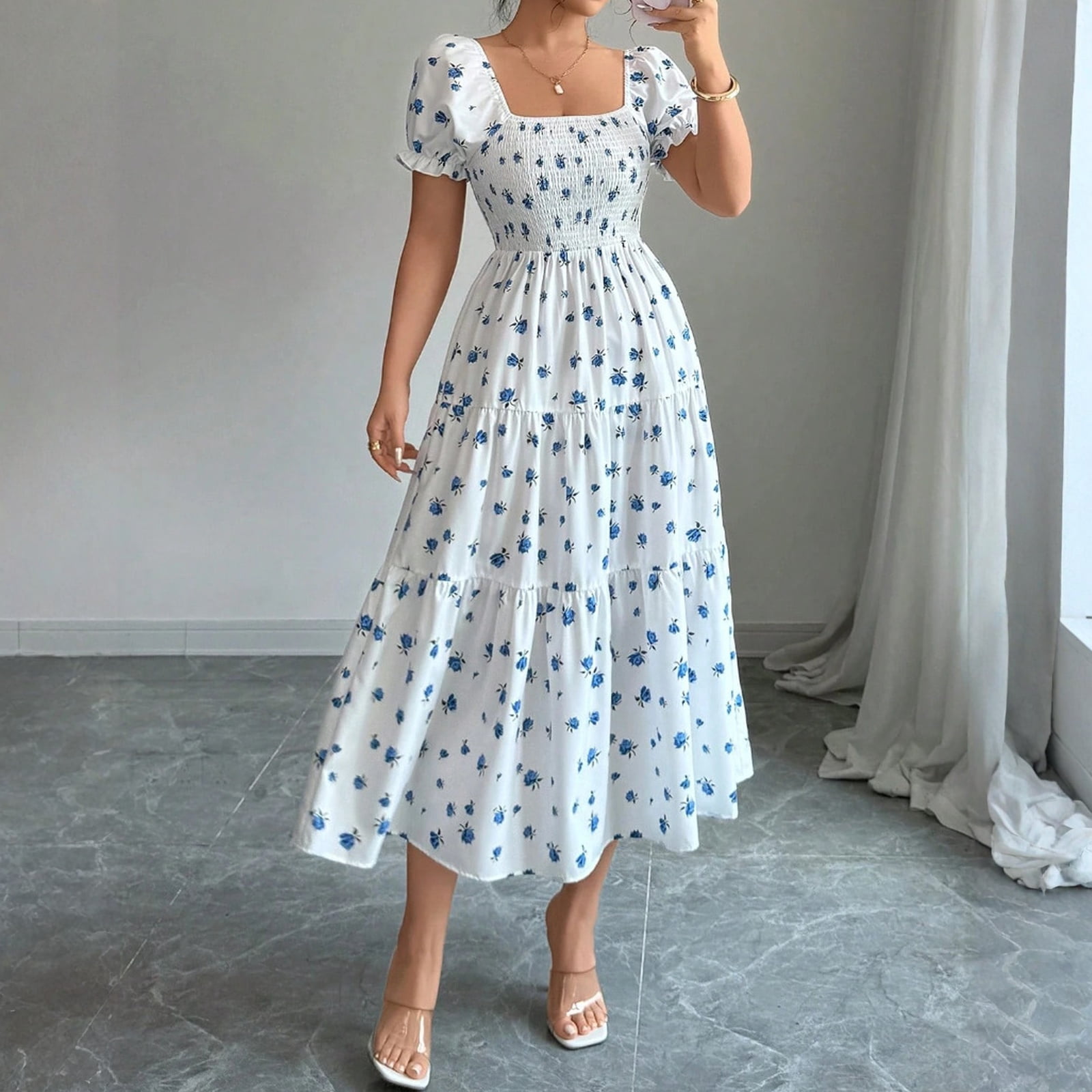 2026 Women's Floral Midi Dress Square Neck Beach Wedding Guest Dresses ...