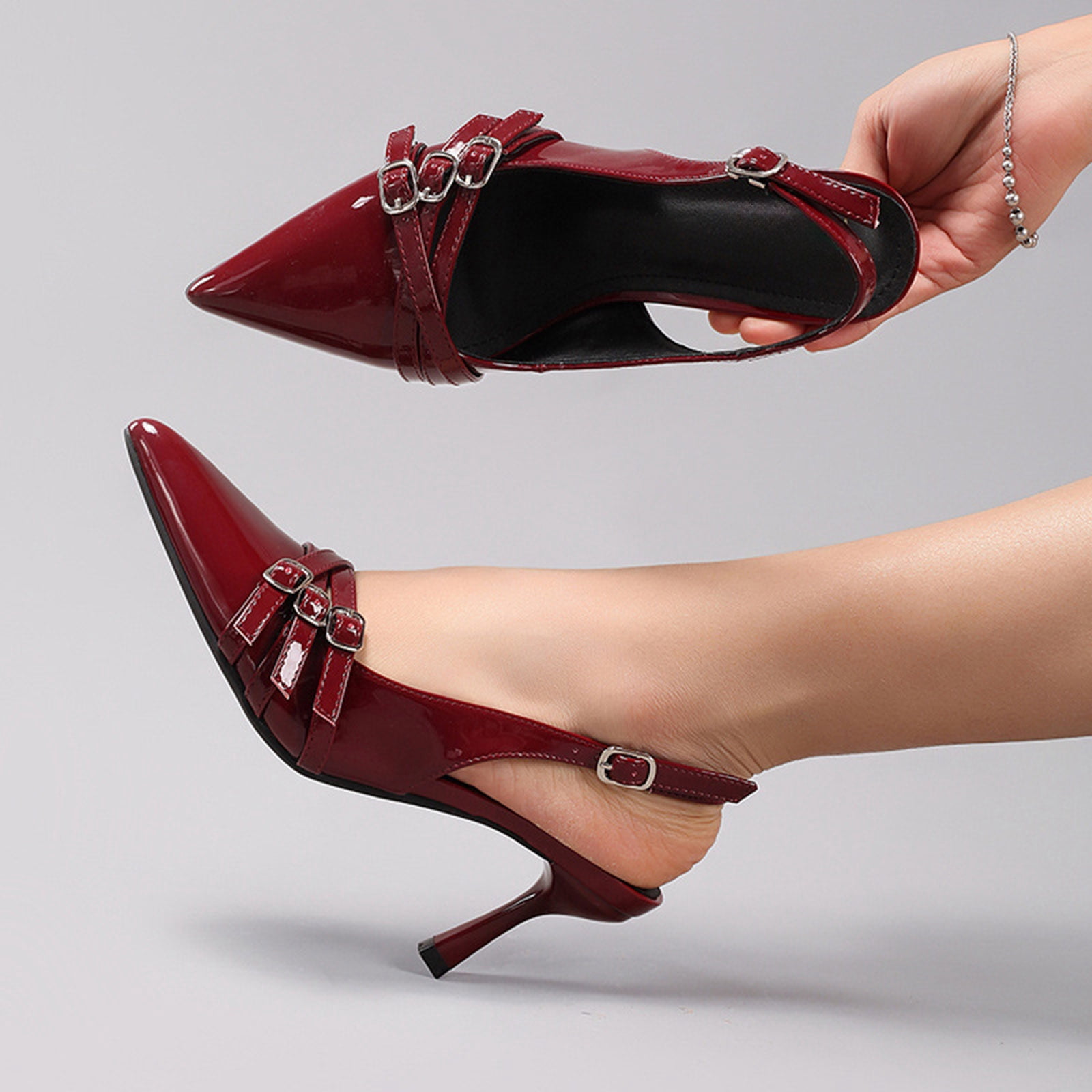 2026 Women's High Heels Metal Belt Decoration Wine Red Sexy Pointed Cat ...