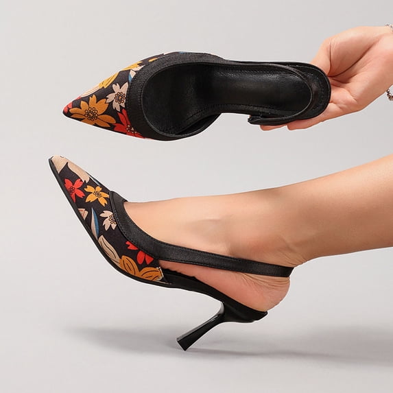 2026 Women's Printed Pattern High Heels With Pointed Back Straps Suede ...