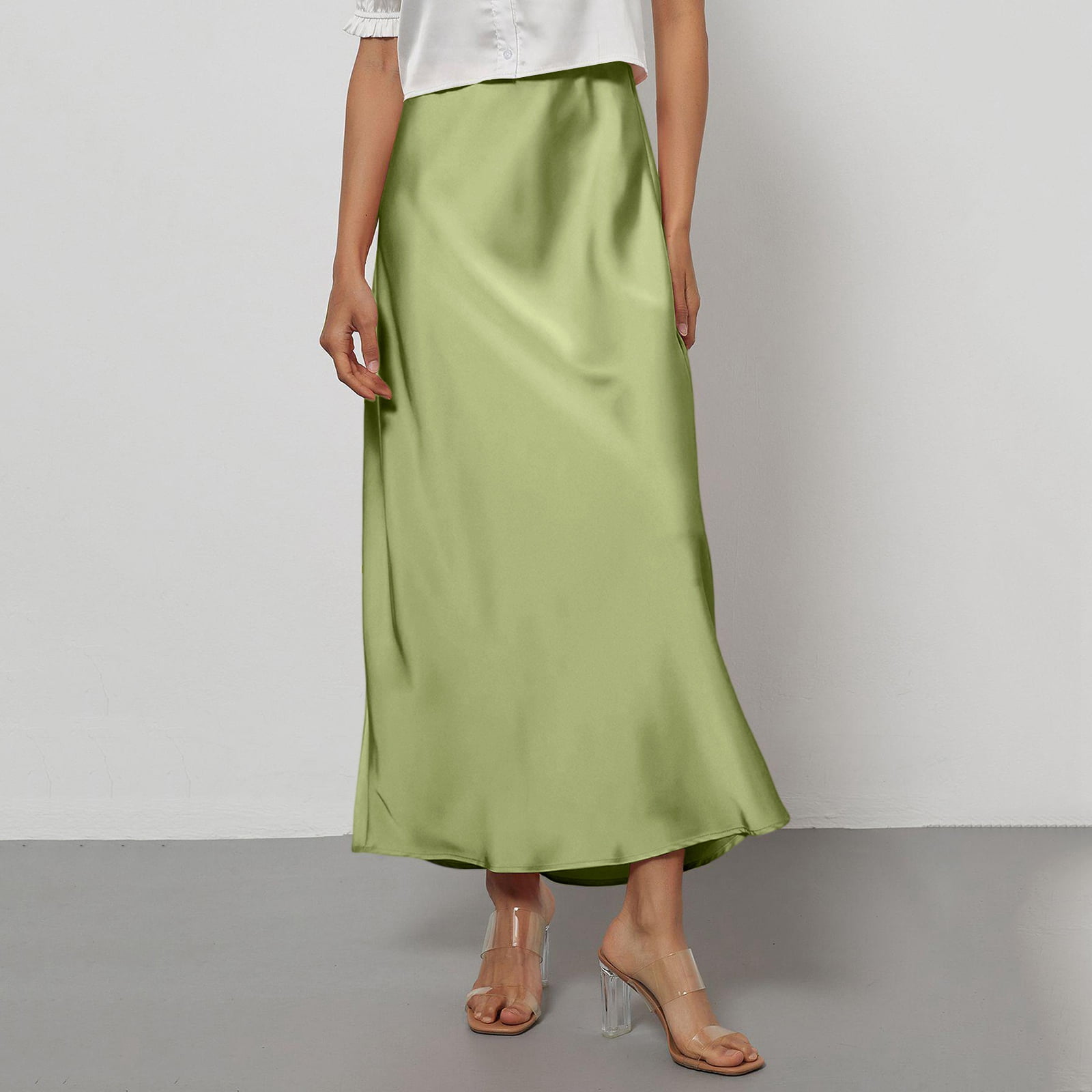 2026 Women's Satin Maxi Skirt Elastic High Waisted A Line Spring Summer ...