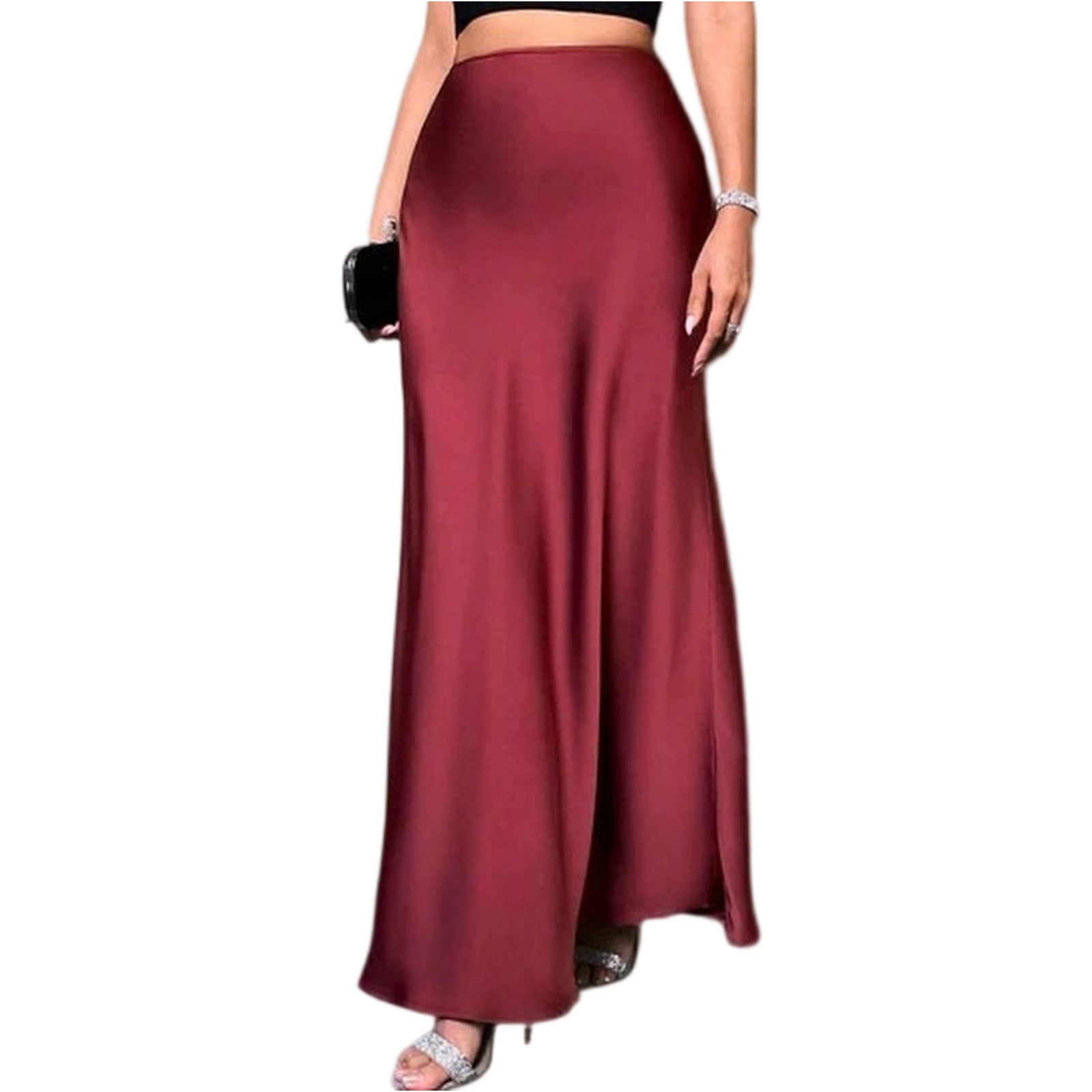 2026 Women's Satin Maxi Skirt High Waisted Hidden Elasticized Waistband ...