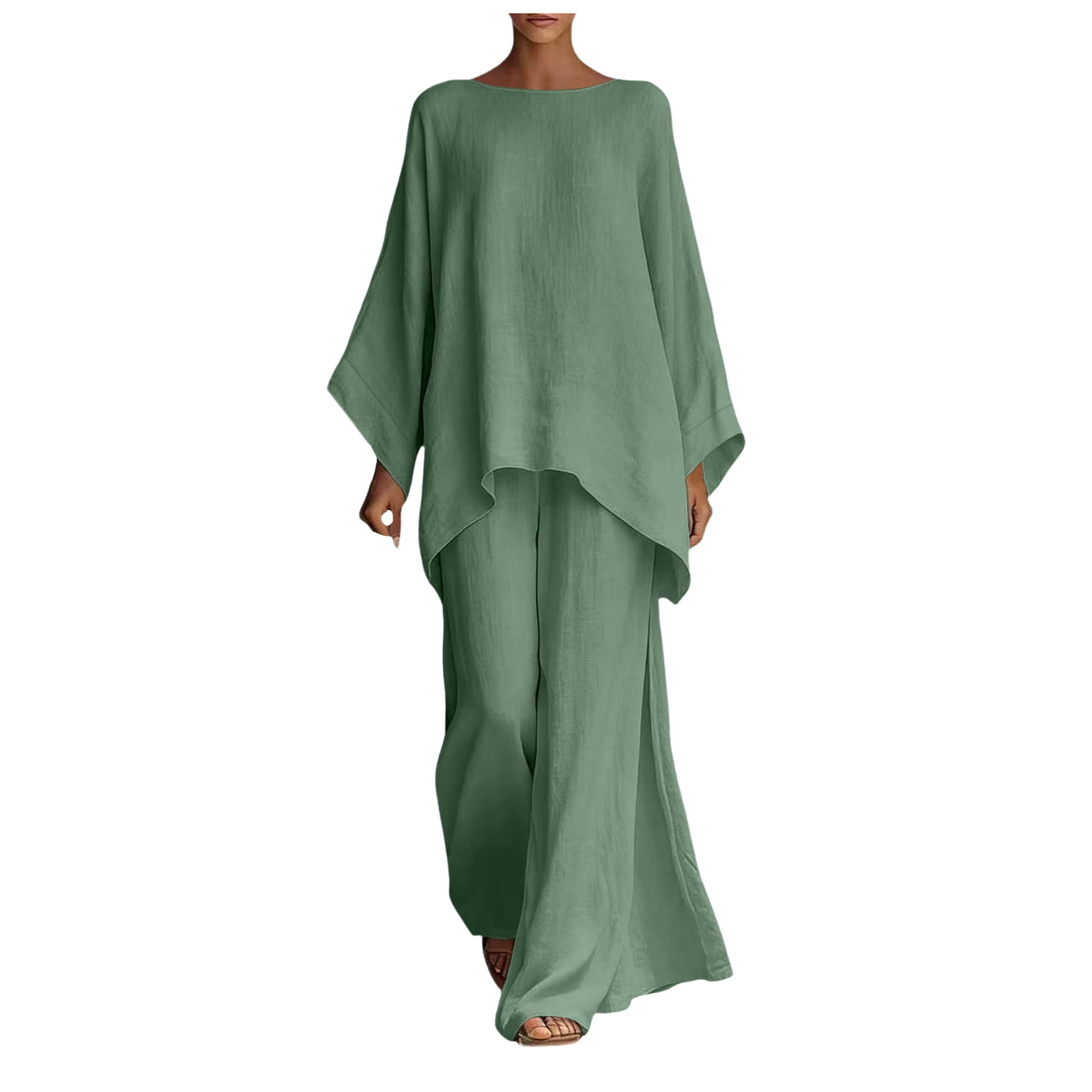 2026 Women's Simple Loose Linen Blended Shirt Wide Leg Pants Women's ...