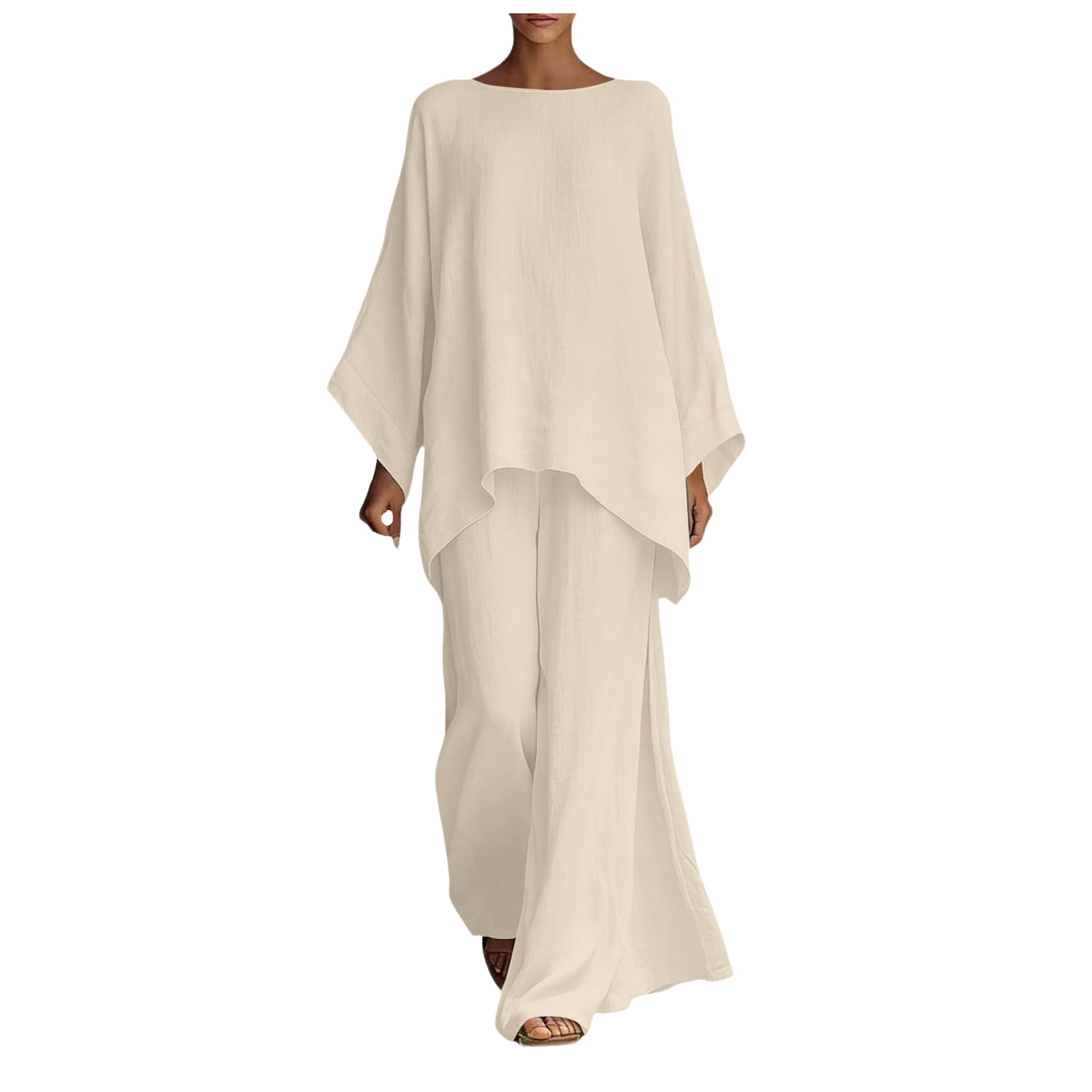 2026 Women's Simple Loose Linen Blended Shirt Wide Leg Pants Women's ...