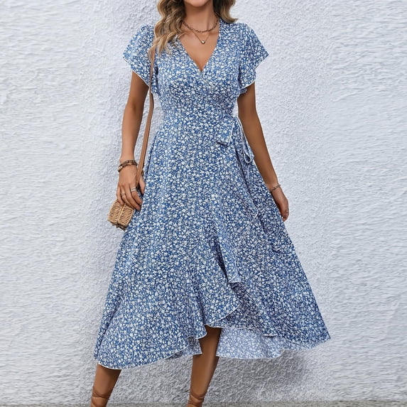2026 Women's Spring Summer Boho Floral Print V-Neck Faux Wrap Maxi ...