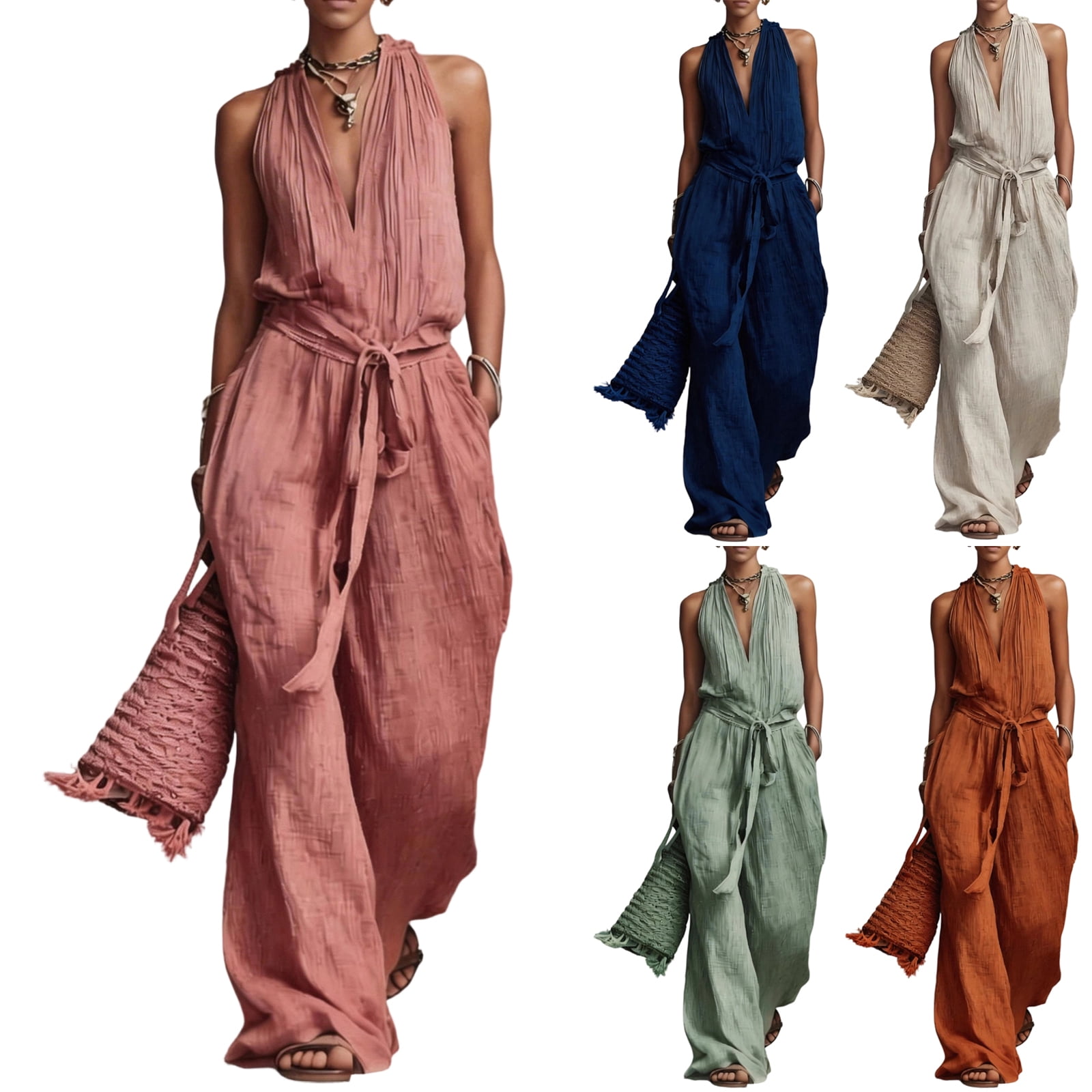 2026 Women's Summer One-Piece Set Sleeveless V-Neck Tie-Front Solid ...