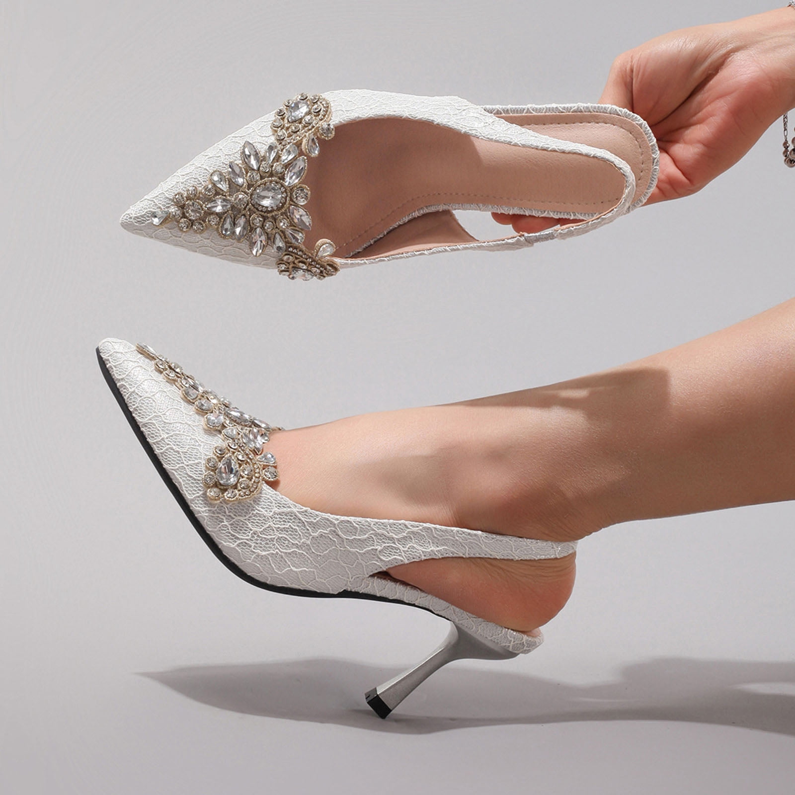 2026 Women's Water Diamond Women's Sexy Pointed Pearl High Heels Fabric ...