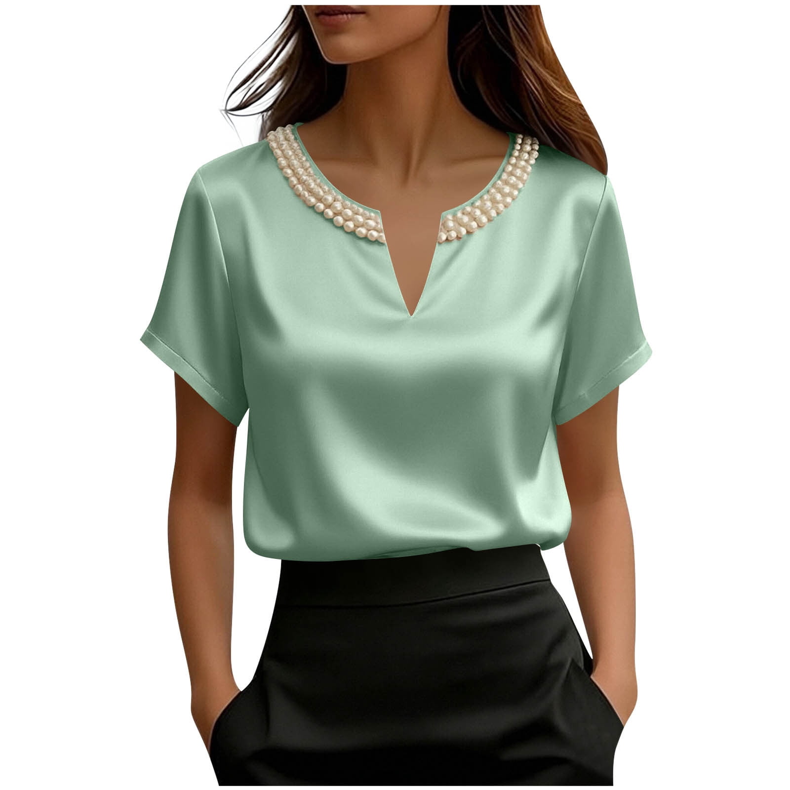2026 Womens Blouse Elegant Pearls Beaded V Neck Short Sleeve Blouse ...
