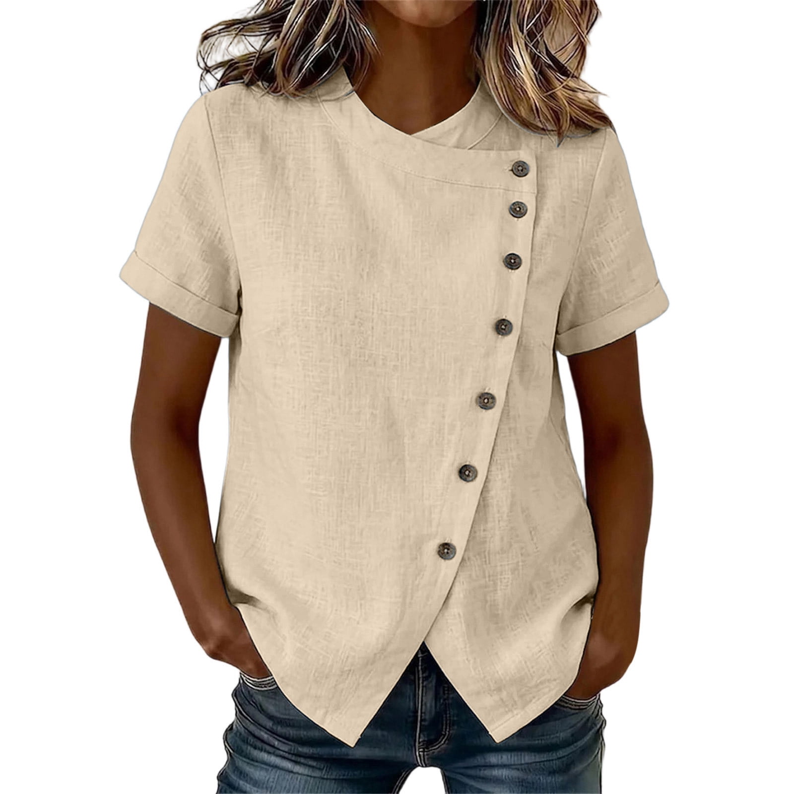 2026 Womens Botton-front Short Sleeve Blouse Summer V-neck Plain Slit ...