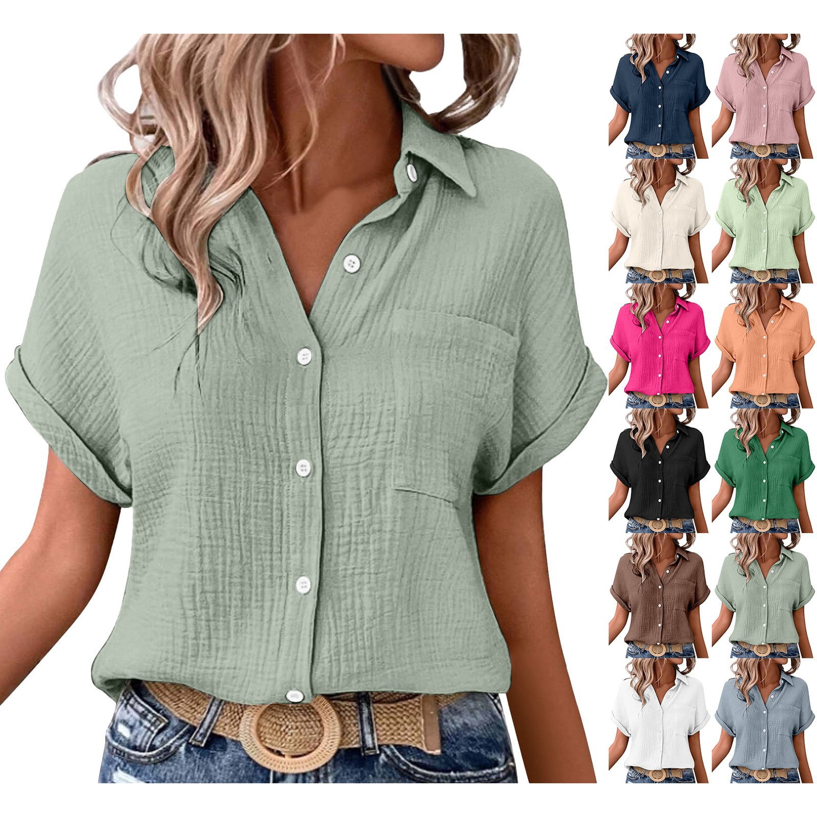 2026 Womens Casual Blouses Batwing Short Sleeve Tops with Chest Pocket ...