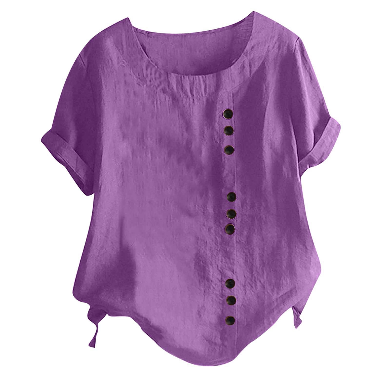 2026 Womens Cotton Linen Short Sleeve Shirts Loose Fit Crewneck Plain ...