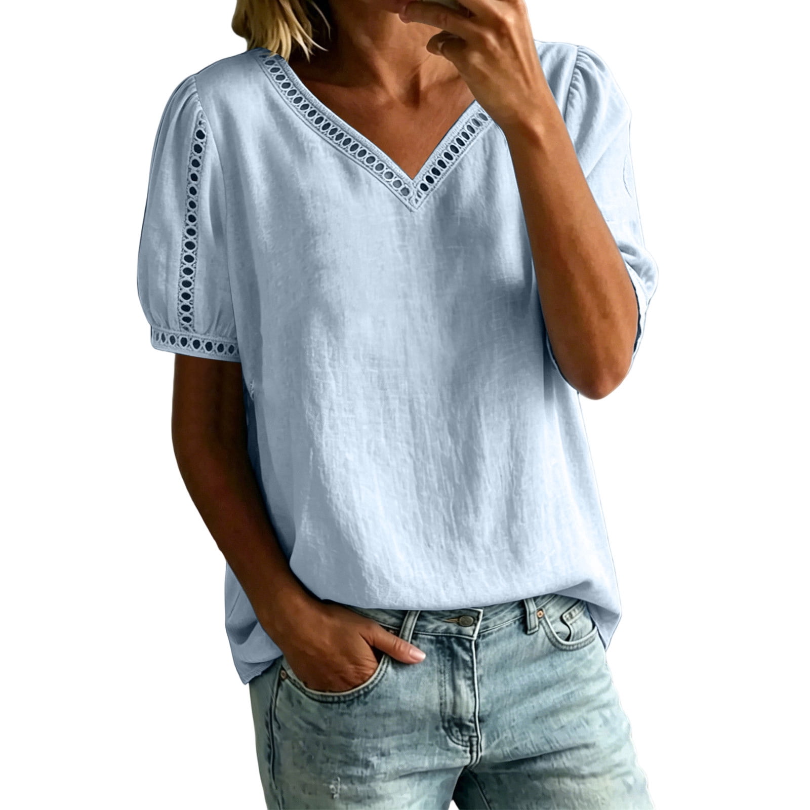2026 Womens Hollowout Summer Cap Short Sleeve Blouse Dressy Casual V ...