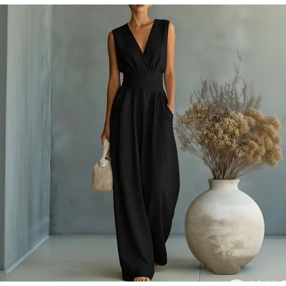 2026 Womens Jumpsuits Sleeveless V Neck Dressy Elegant Wide Leg Pants ...