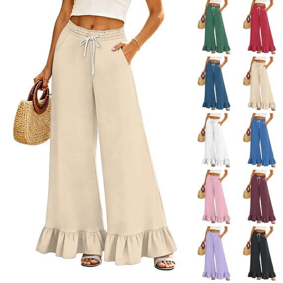 2026 Womens Palazzo Lounge Pants Drawstring Elastic High Waisted Ruffle ...