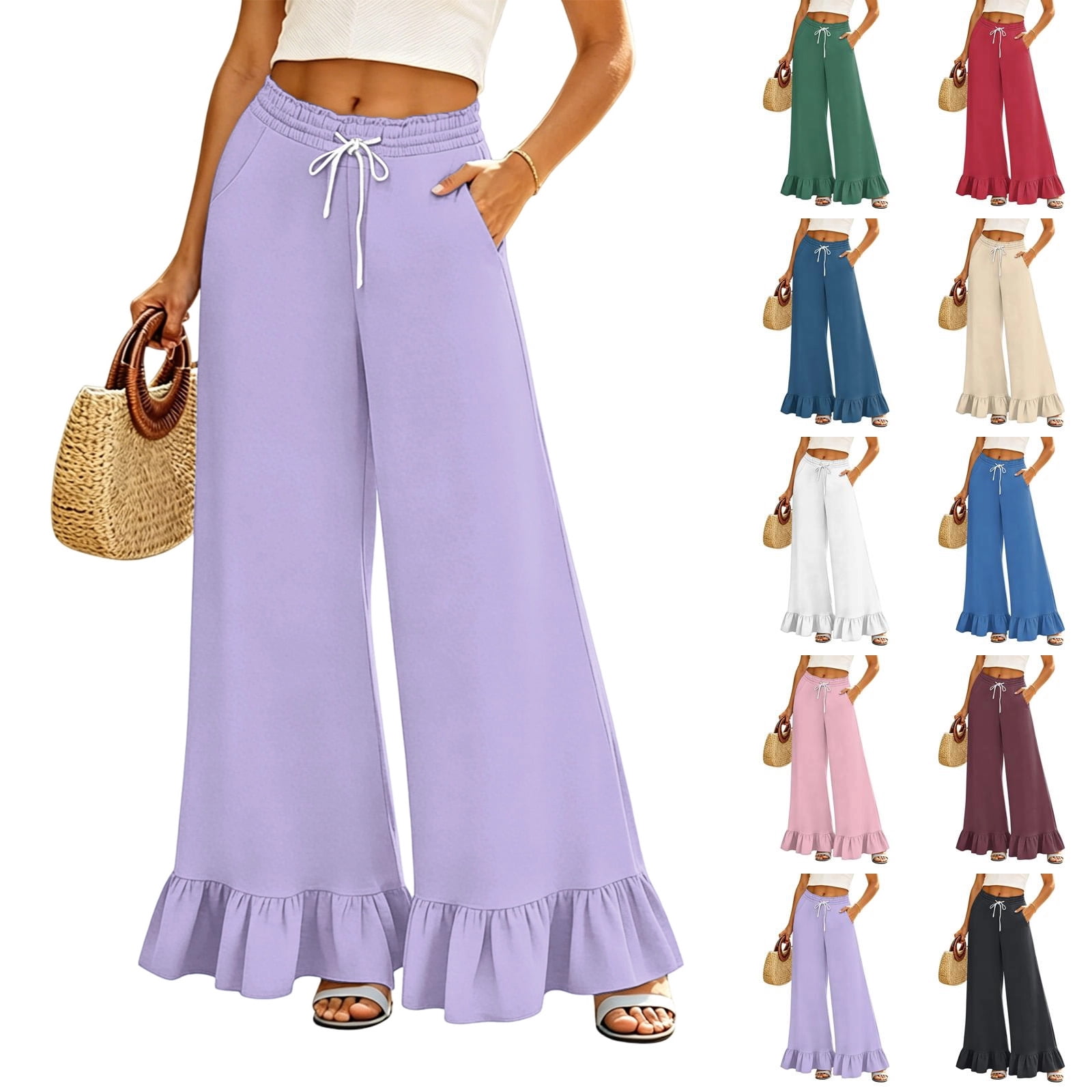 2026 Womens Palazzo Lounge Pants Drawstring Elastic High Waisted Ruffle ...