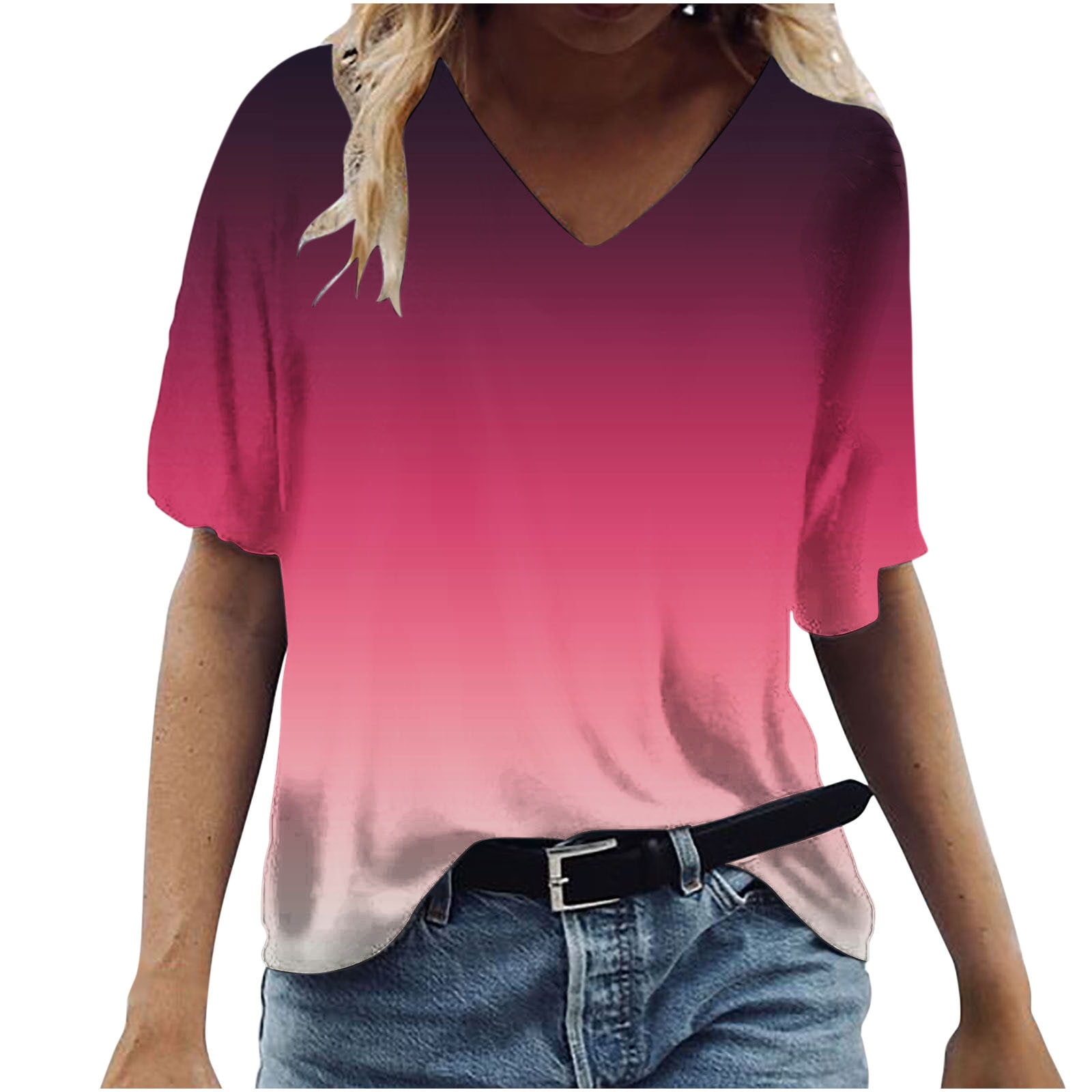 2026 Womens Printing Gradient Shirts Lightweight Plus Size Short Sleeve ...