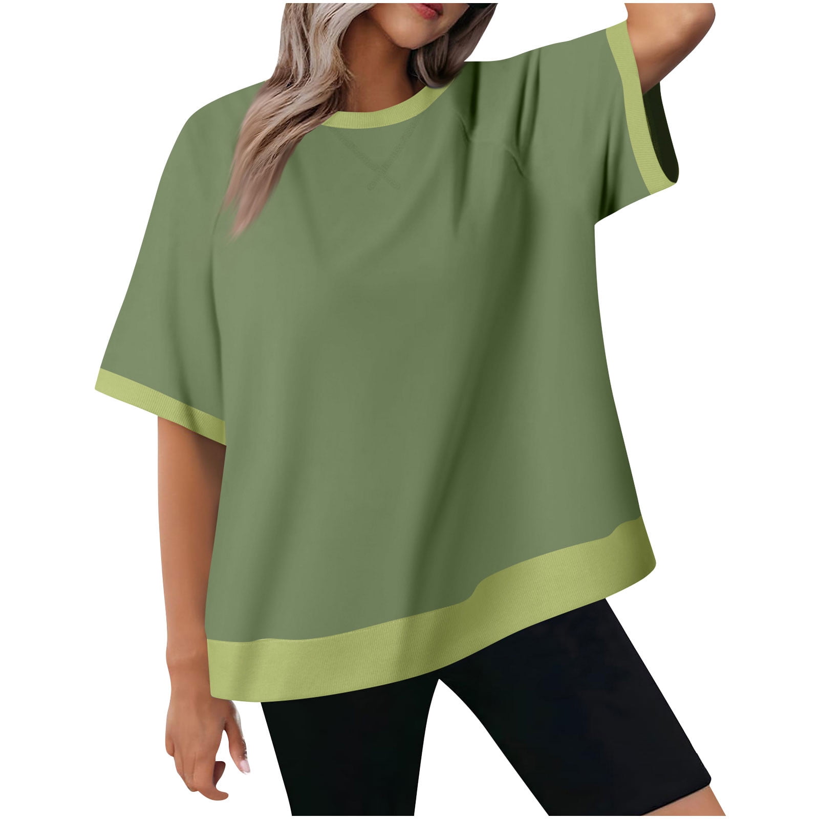 2026 Womens Ribbed Short Sleeve Colorblock Blouse Summer Crewneck Plain ...