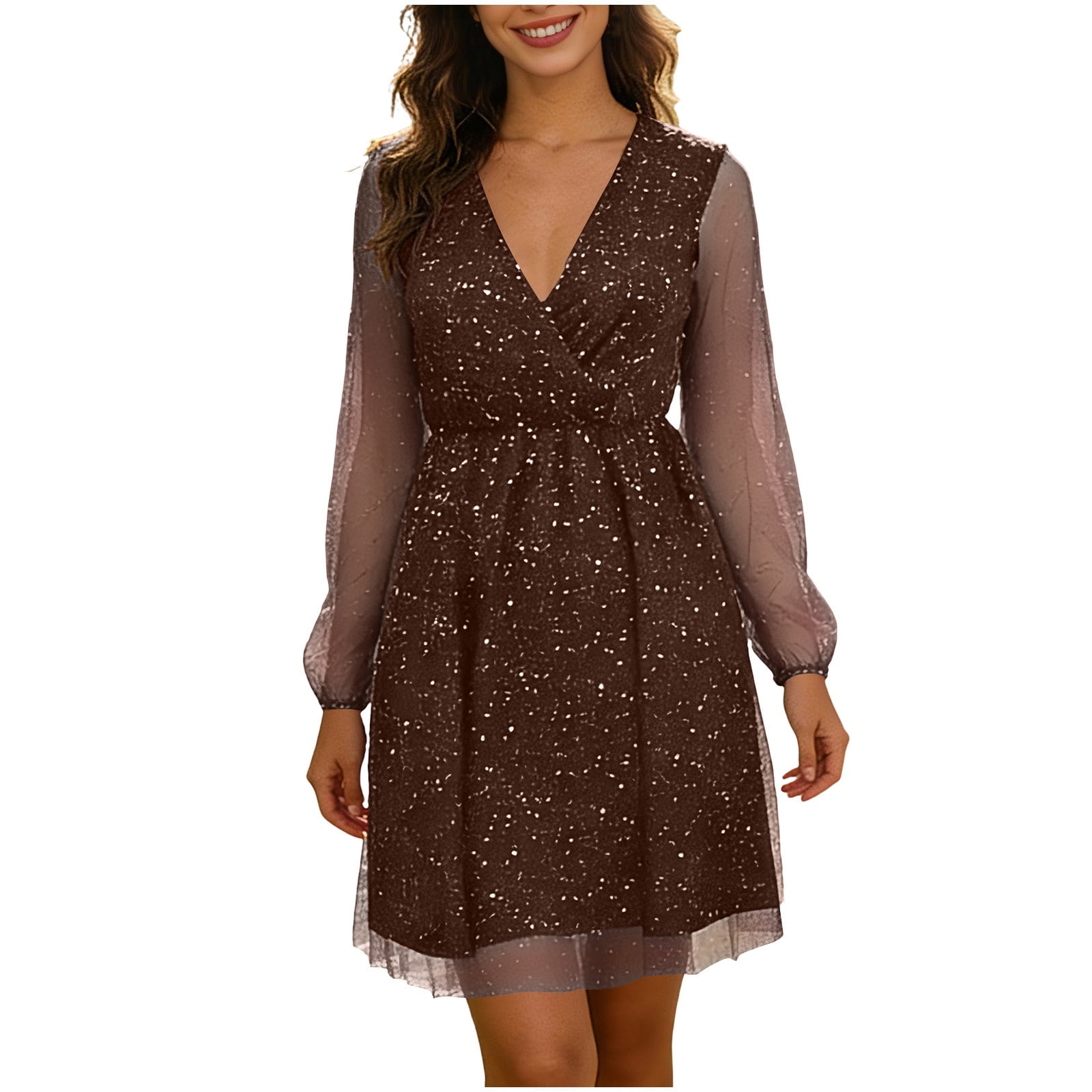 2026 Womens Sequin Mesh Bodycon Dress Sheer Mesh Long Sleeve V Neck ...