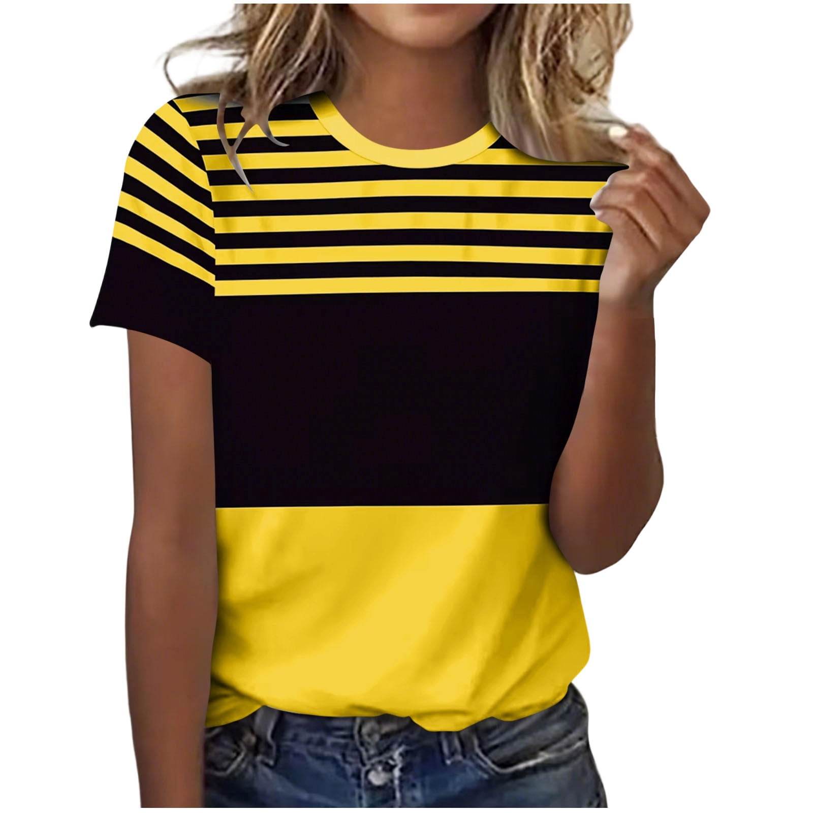 2026 Womens Striped Short Sleeve Shirts Casual Loose Fit Crewneck Color ...