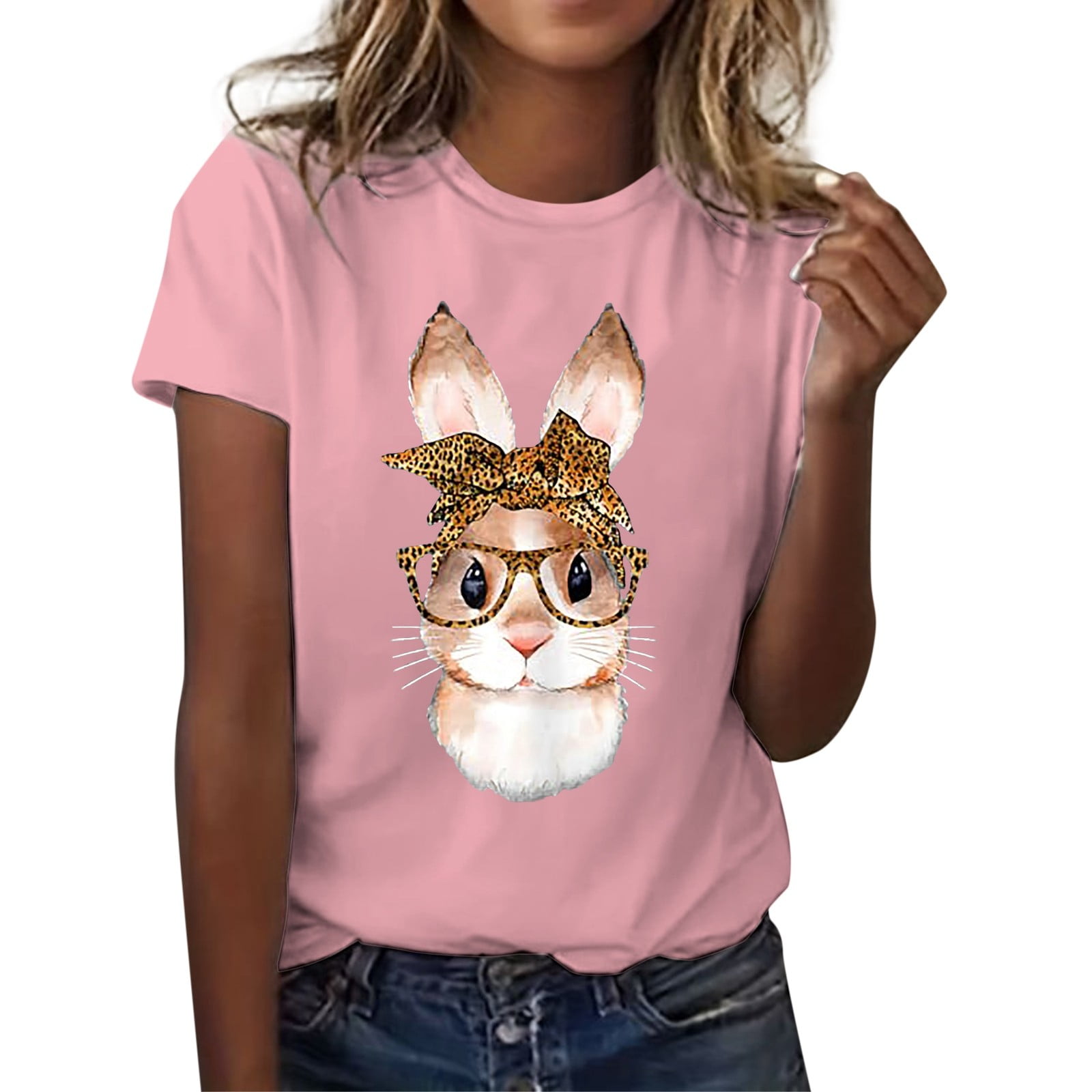 2026 Womens T Shirts Fashion Tops Easter Bunny Print Round Neck Short ...