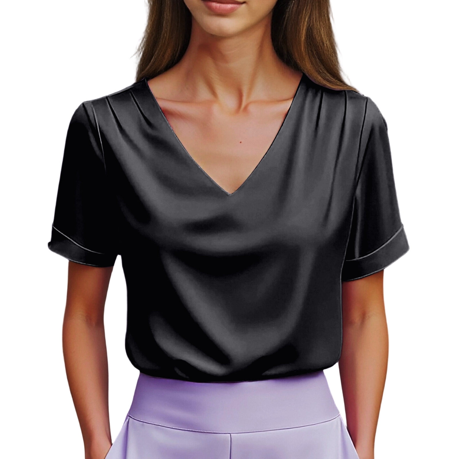 2026 Womens T Shirts Fashion Tops Elegant Solid Short Sleeve Casual V ...