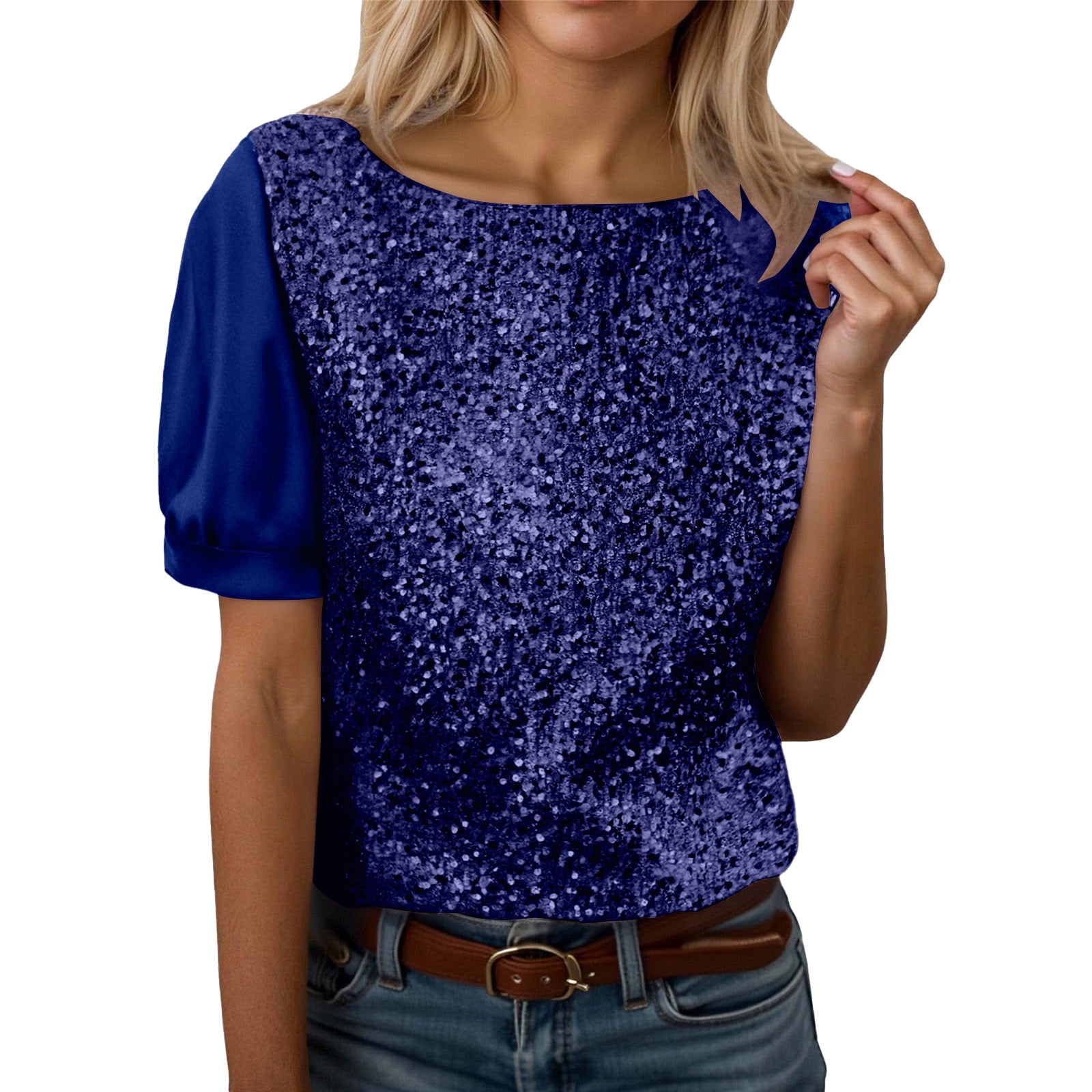2026 Womens T Shirts Fashion Tops Patchwork Puff Short Sleeve Sequin ...