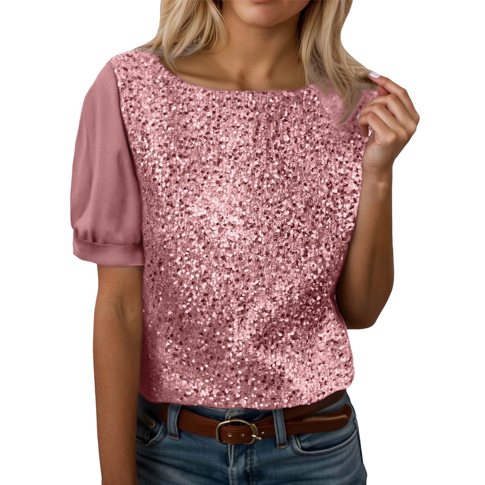 2026 Womens T Shirts Fashion Tops Patchwork Puff Short Sleeve Sequin ...