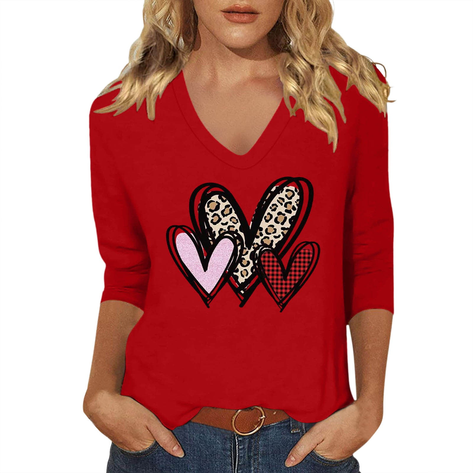 2026 Womens T Shirts Fashion Tops Valentine's Day Leopard Heart Plaid ...