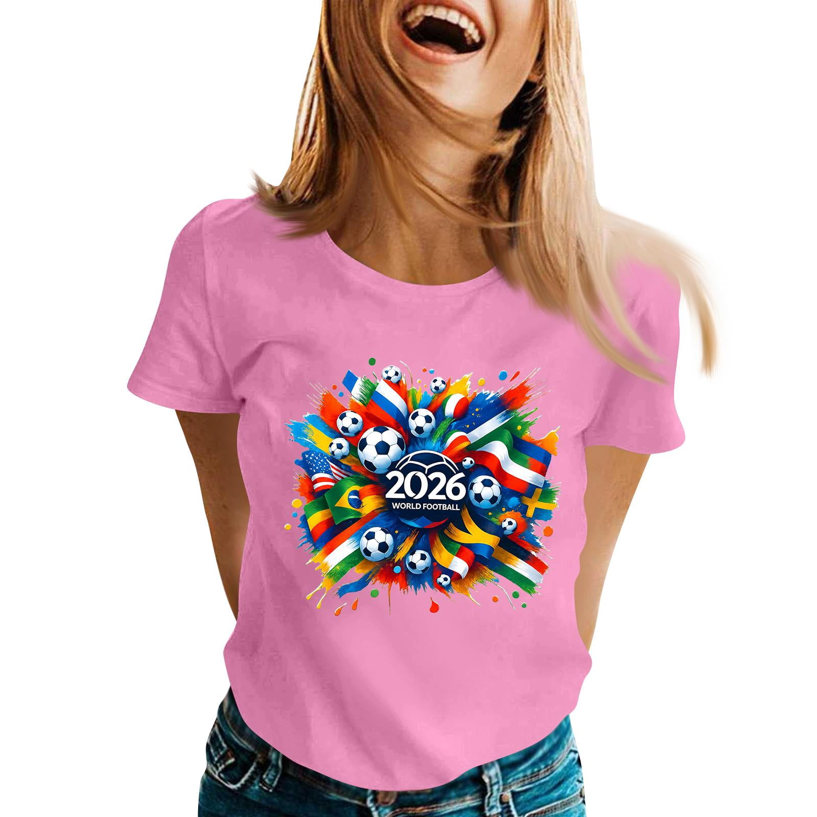 2026 World Football Letter Print T Shirt for Women Casual Crew Neck ...